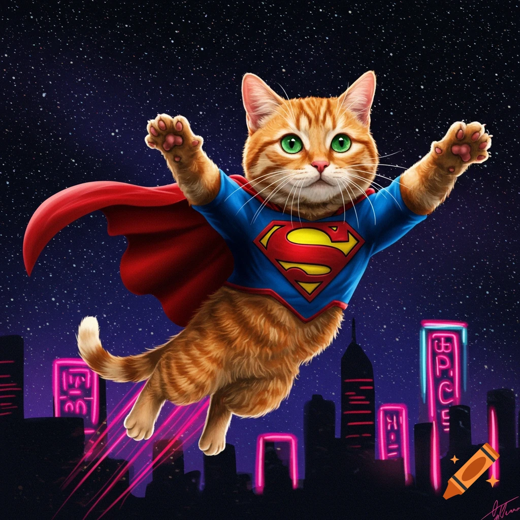 Orange tabby cat in Superman costume flying over neon city at night ...