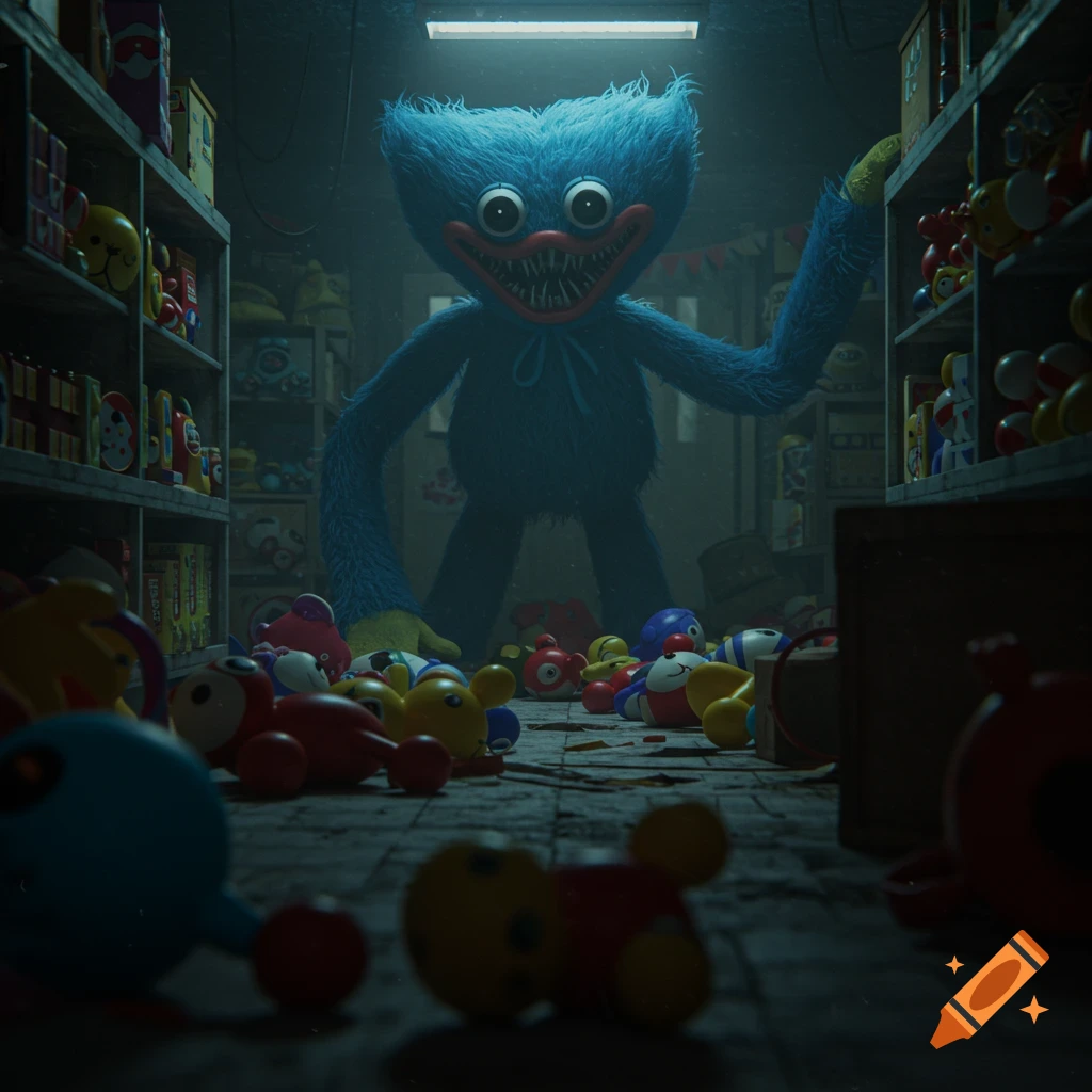 Large blue monster stands in a dark, messy toy factory among scattered ...