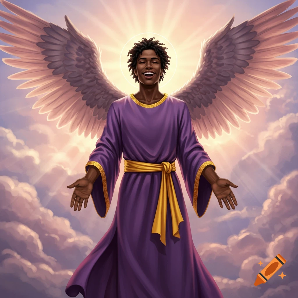 Cherubim angel with dark skin, violet robe, and golden sash standing ...