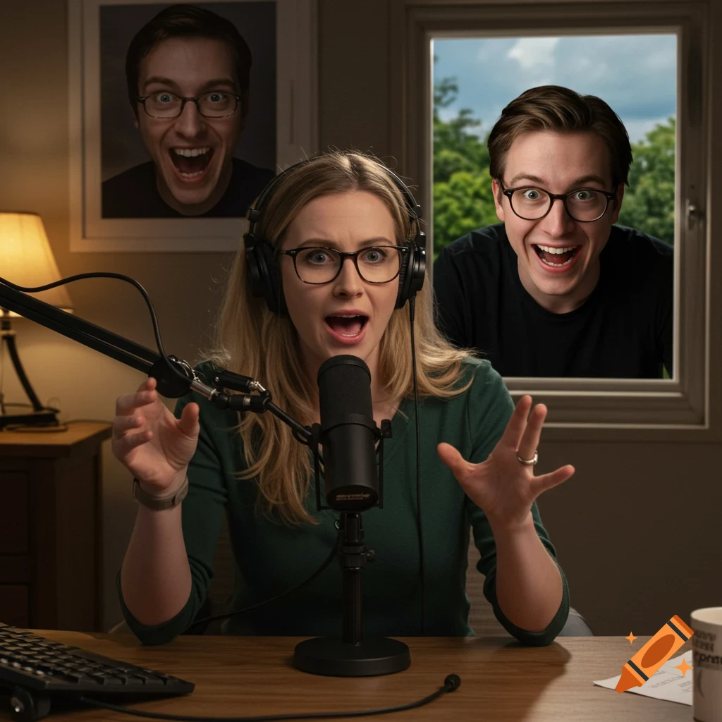 Woman recording podcast with sinister man outside window on Craiyon