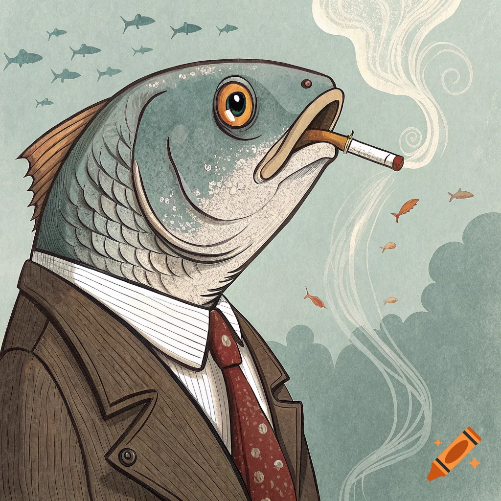 Illustration of an anthropomorphic fish wearing a suit and tie, smoking ...