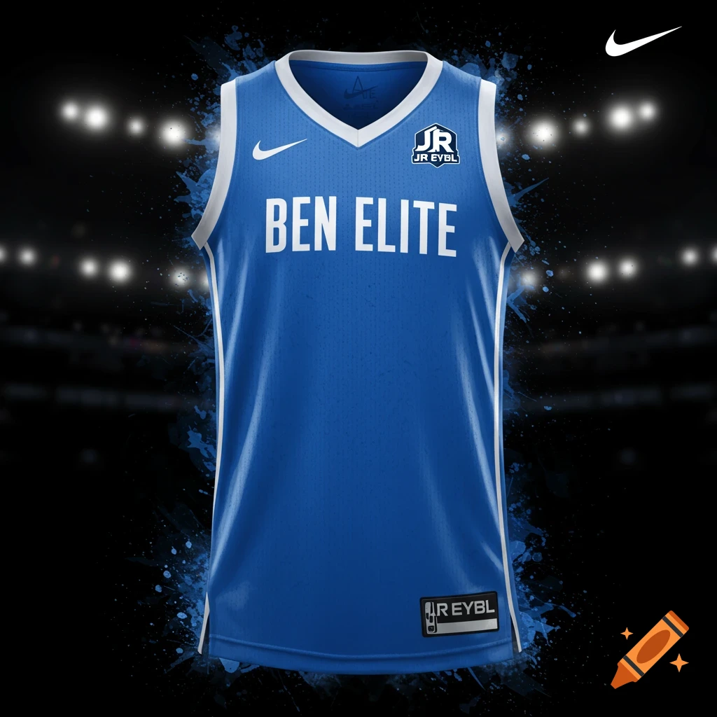 Basketball jersey with Nike and JR.EYBL logos, "Ben elite" text on Craiyon