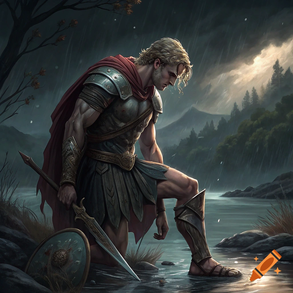 Achilles wounded in heel near the River Styx on Craiyon