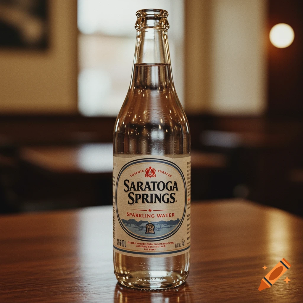 A glass bottle of Saratoga Springs Sparkling Water on a wooden table ...