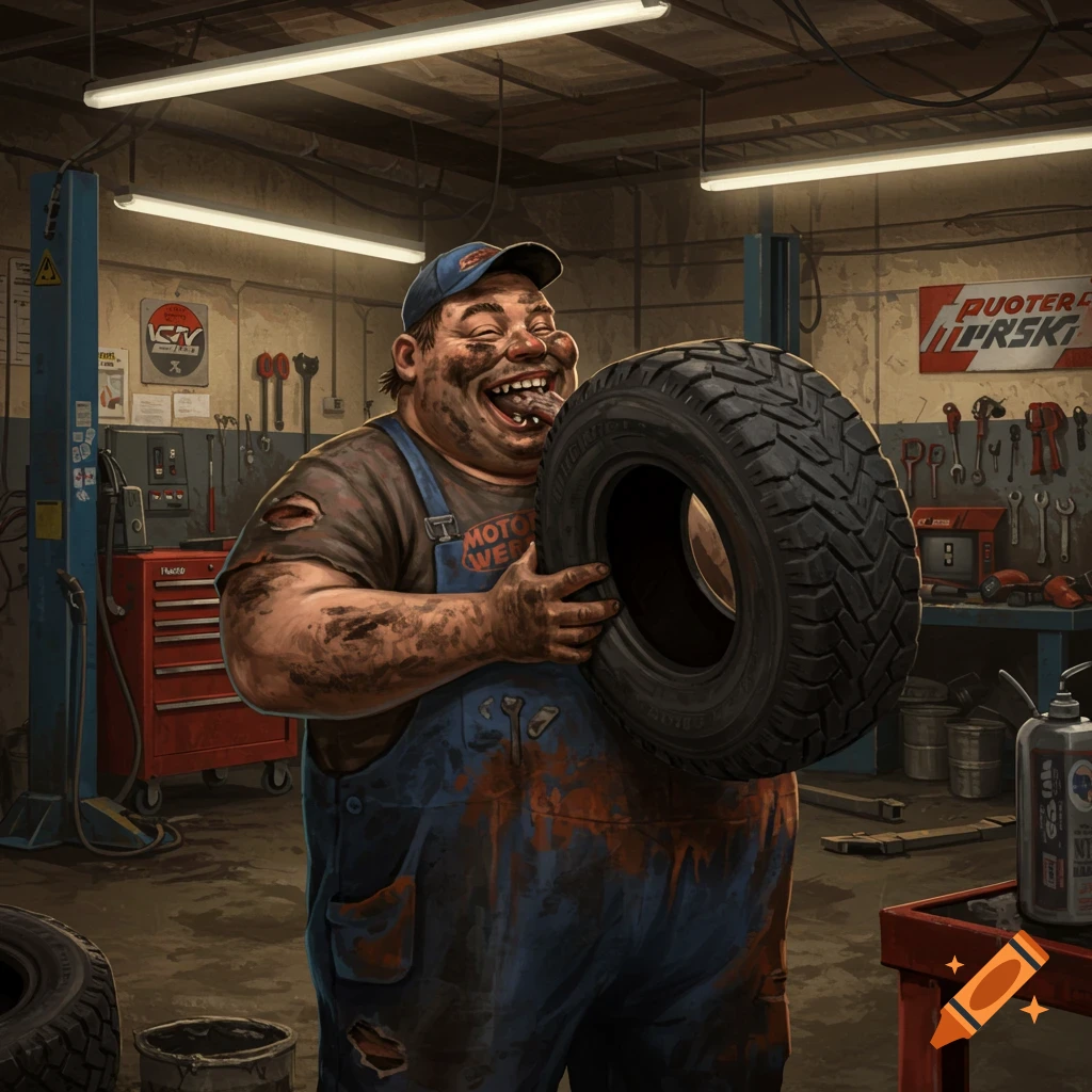Fat man in mechanic shop eating a tire with Cheeto dust on his face ...
