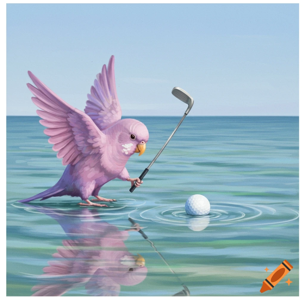 A pink parakeet stands in shallow water holding a golf club, looking at ...