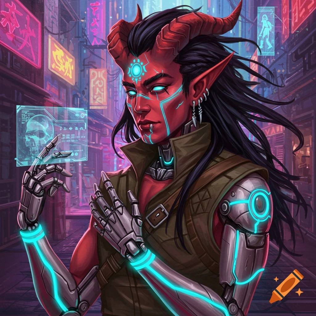 Portrait of a Female Tiefling Warlock With Red Skin and Black Wavy Hair ...