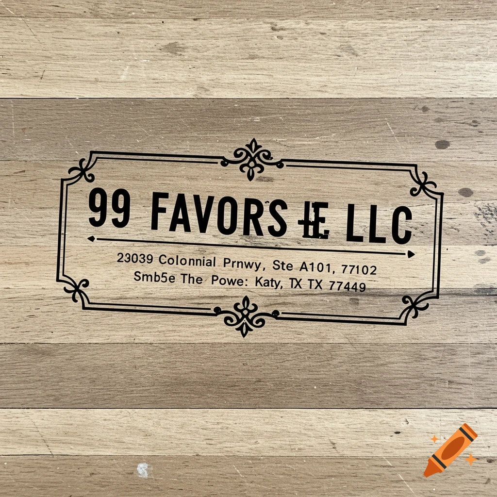 99 Favors AYCE LLC business stamp with address on Craiyon