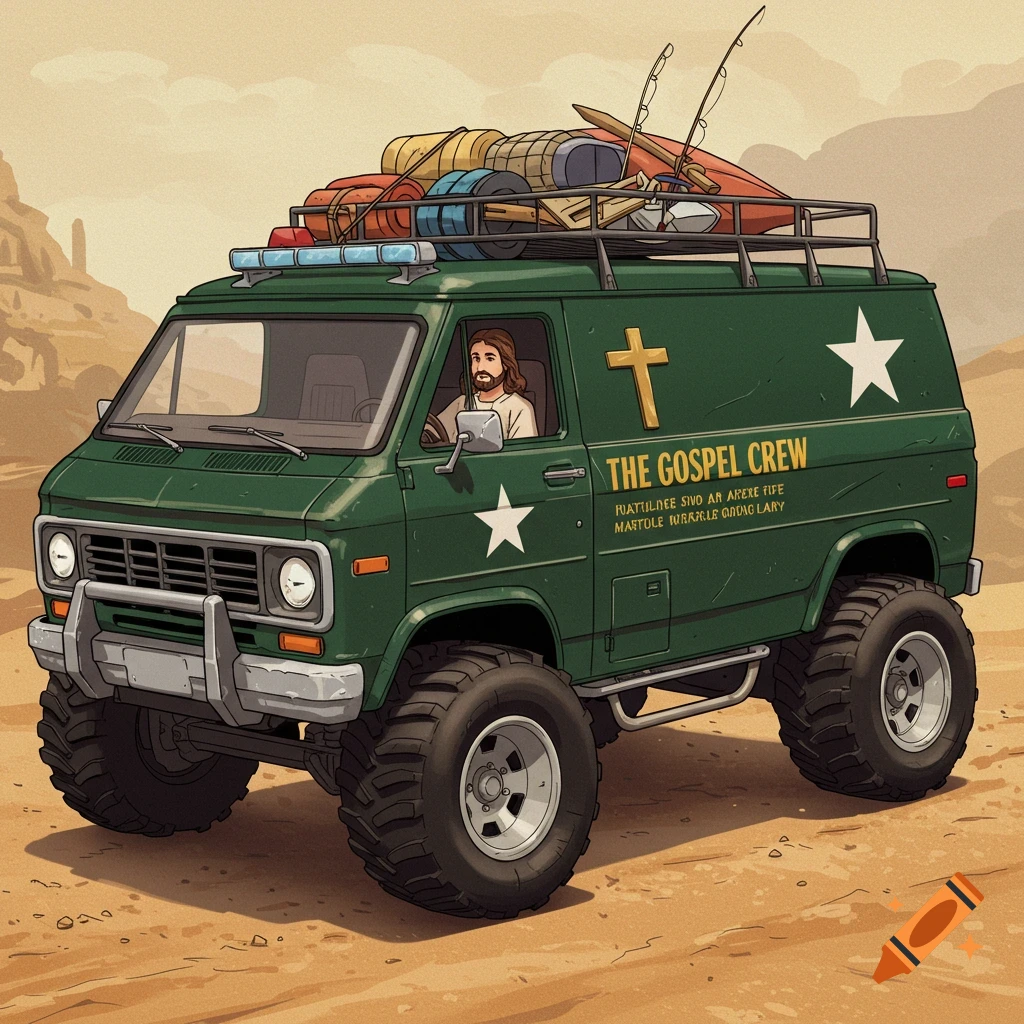 Custom toy van for Jesus action figure styled like A-Team van on Craiyon