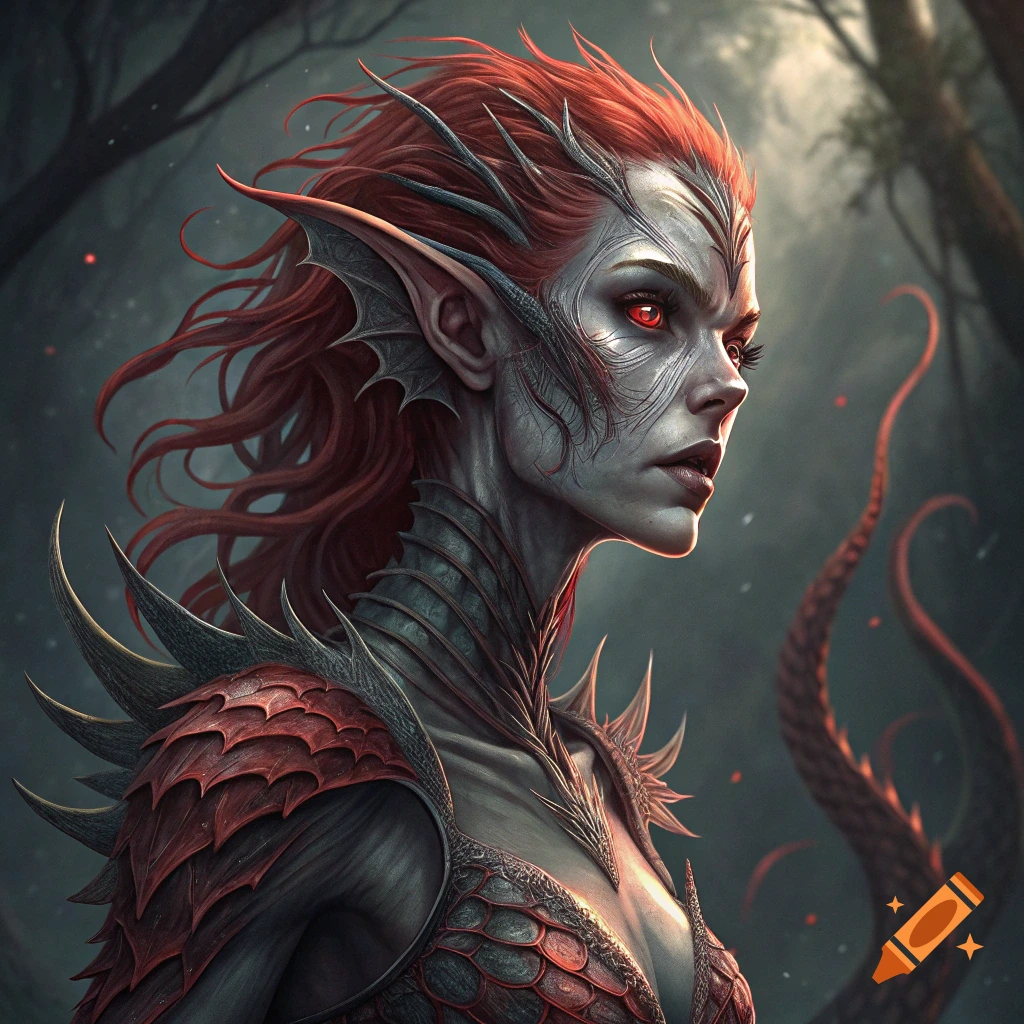 Scaly Drow elf with red hair, red eyes, four breasts, six arms, a tail ...