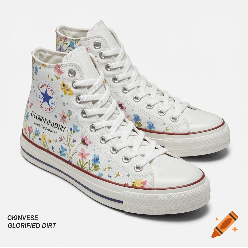 White high top Converse with floral patterns and 'glorified dirt' text ...