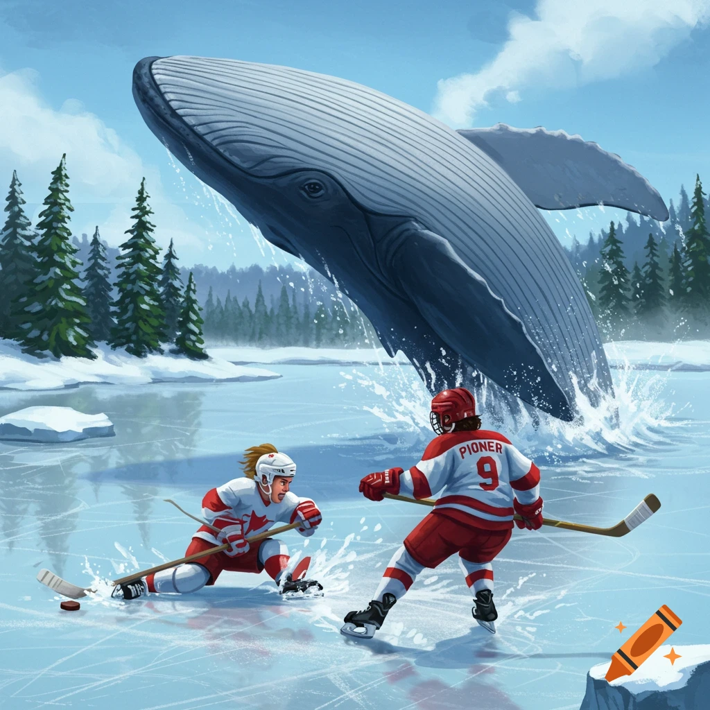 An illustration of a large whale breaching from the ice as two hockey ...