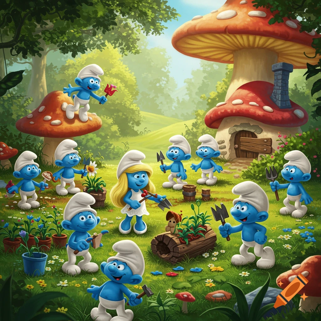 Cartoon illustration of Smurfs gardening near mushroom houses in a forest. on Craiyon