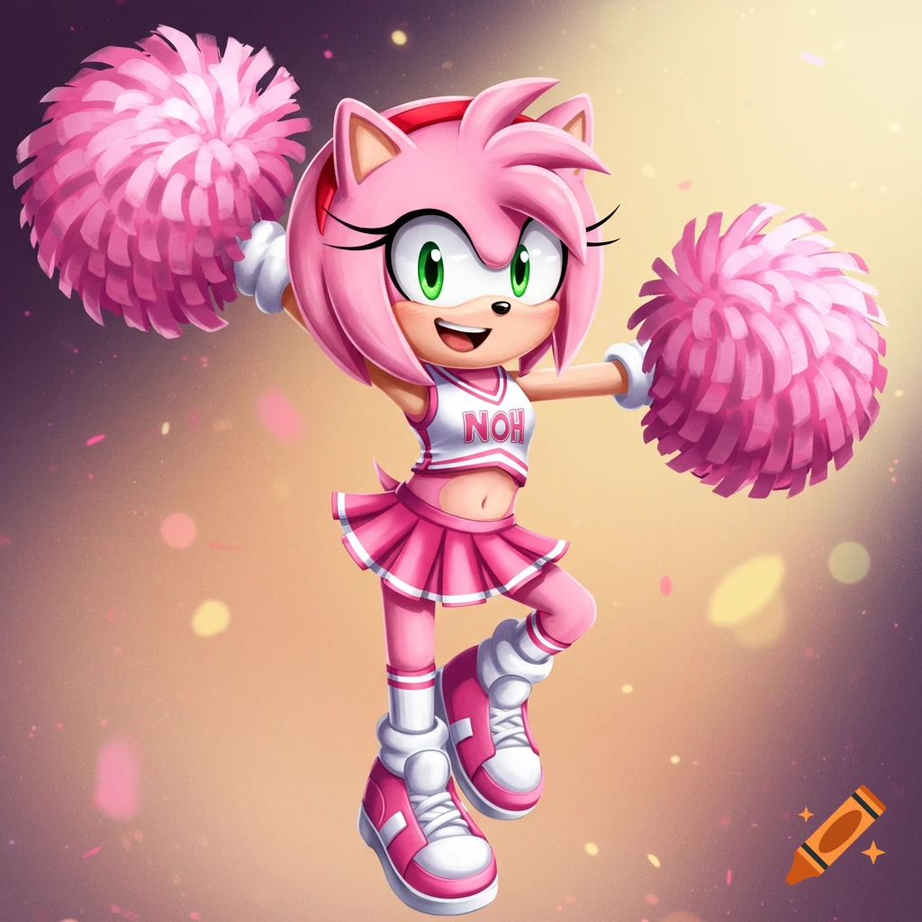 Amy Rose in cheerleader outfit with heels and pom poms on Craiyon