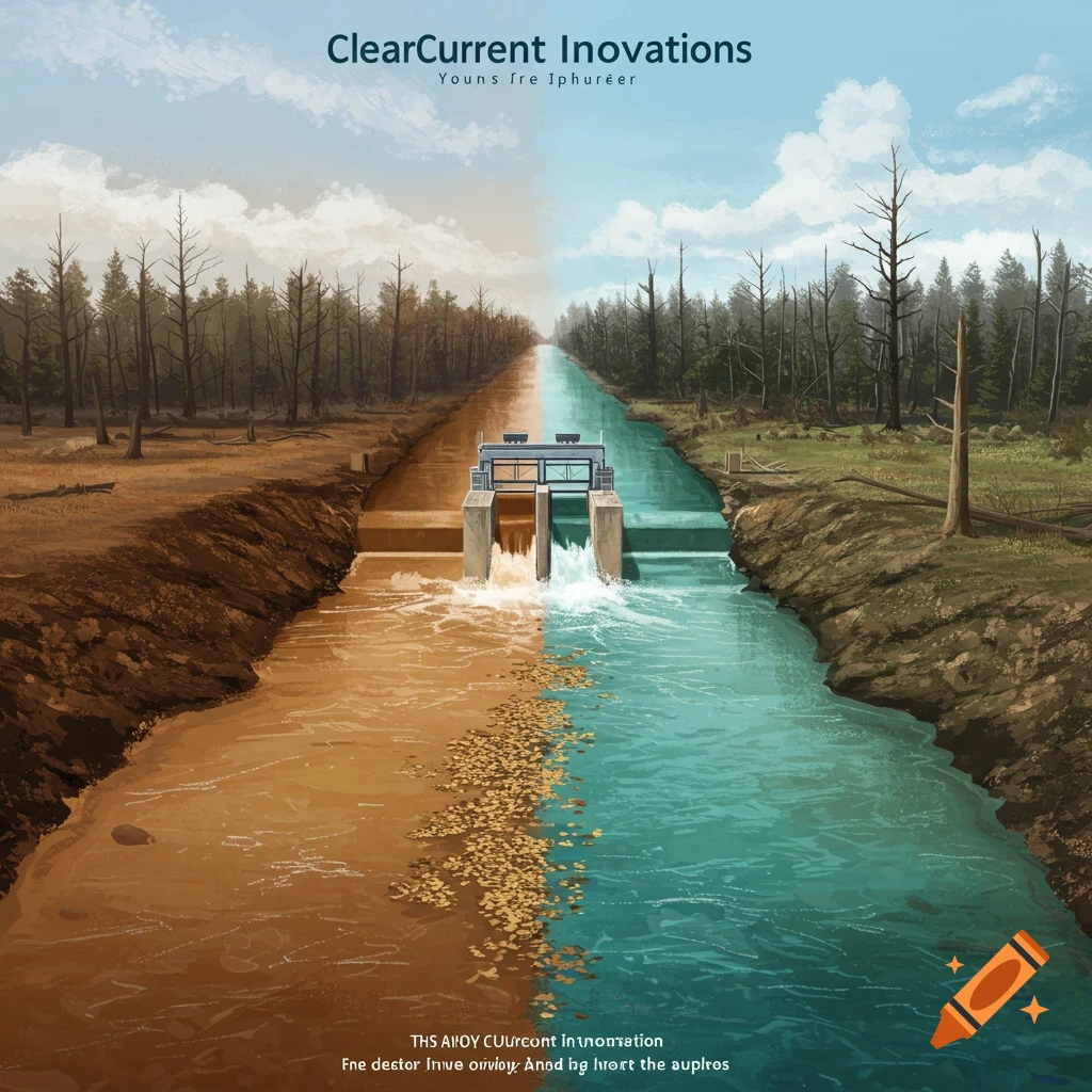 Overhead shot of a river transforming from polluted to clear after ...