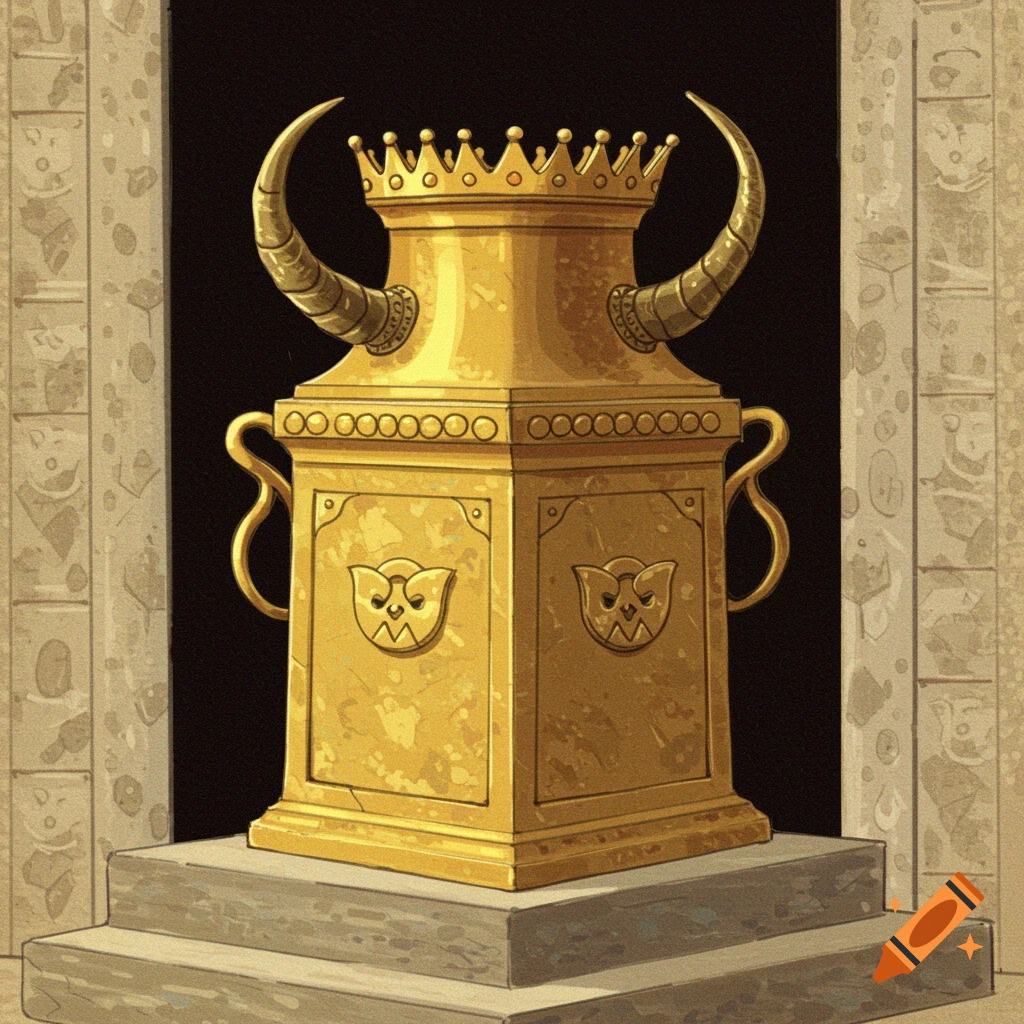 Technical illustration of a golden altar with dimensions and materials ...