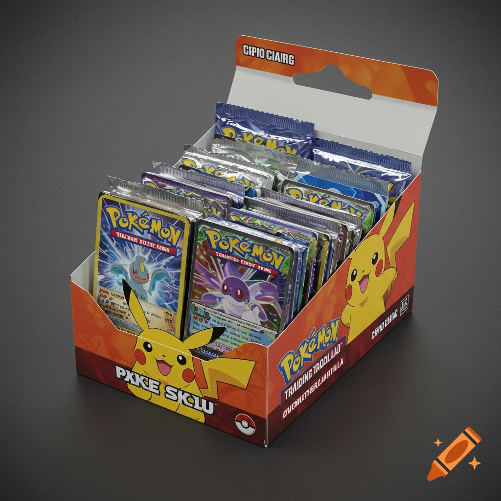 Pikachu with Pokemon packs in a box on Craiyon