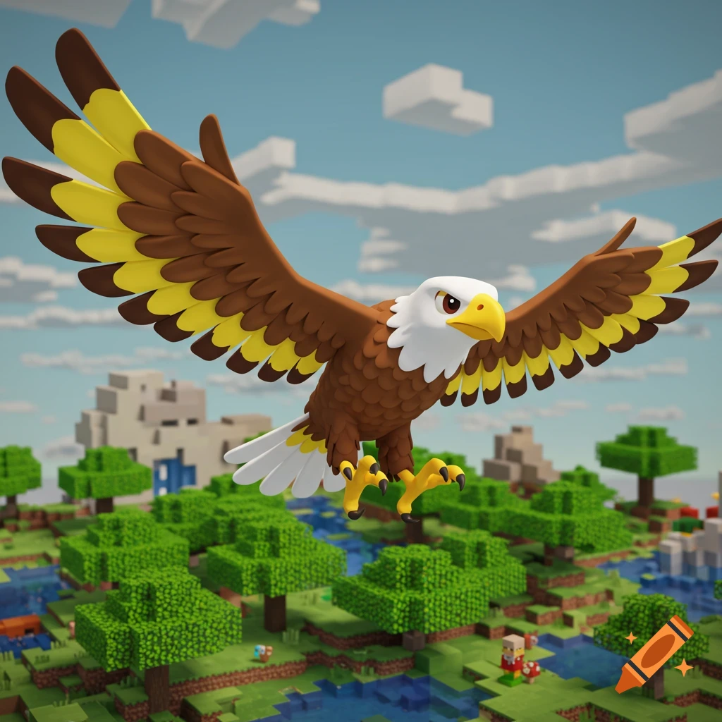 Cartoon eagle flying over a blocky, video game-style landscape. on Craiyon
