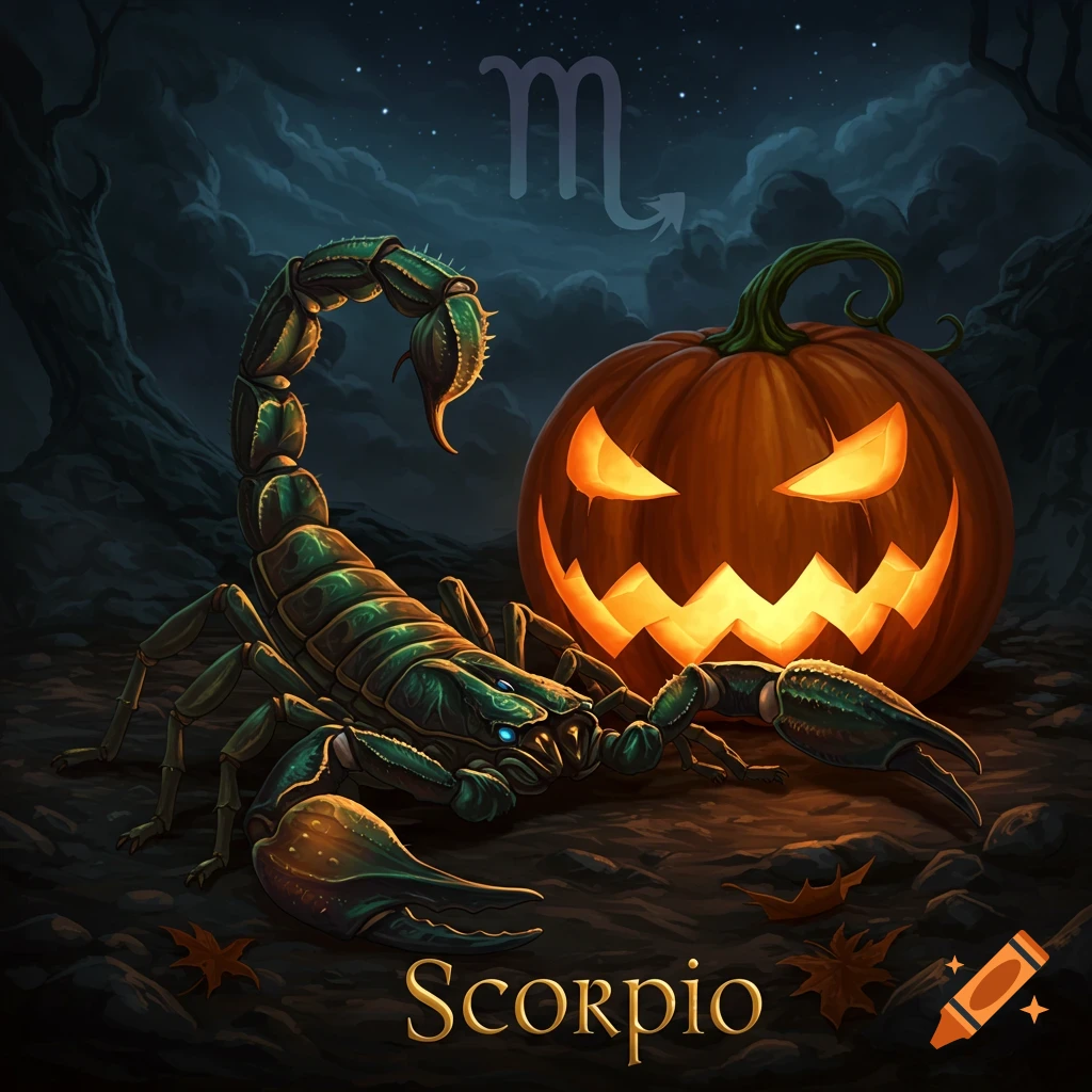 Scorpio symbol, scorpion emoji, and pumpkin emoji on Craiyon