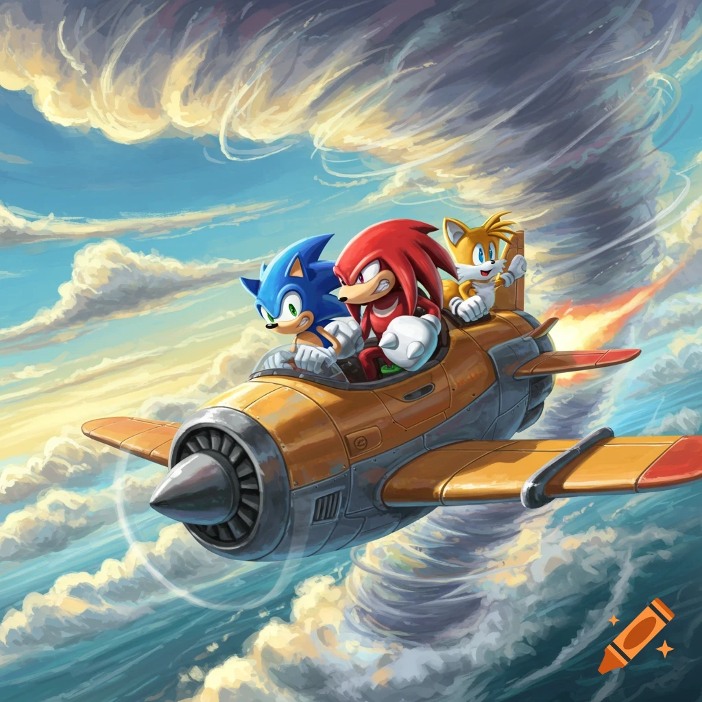 Sonic, Tails, and Knuckles in the Tornado plane on Craiyon