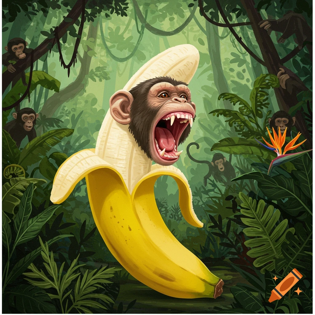 Screaming chimpanzee head emerging from a peeled banana in a jungle ...