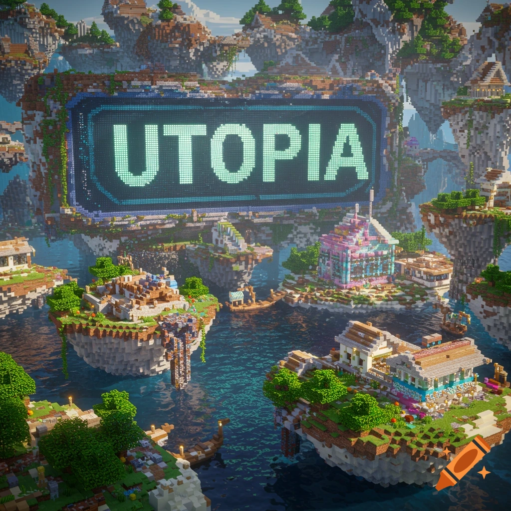 Minecraft style floating island city with buildings and a large screen displaying 'UTOPIA'. on ...