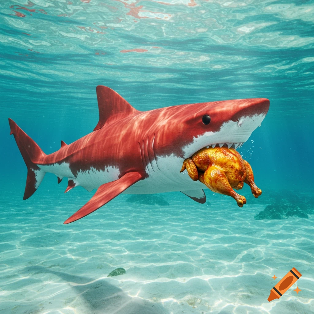 A surreal hybrid creature, part shark and part tiger, swims underwater ...