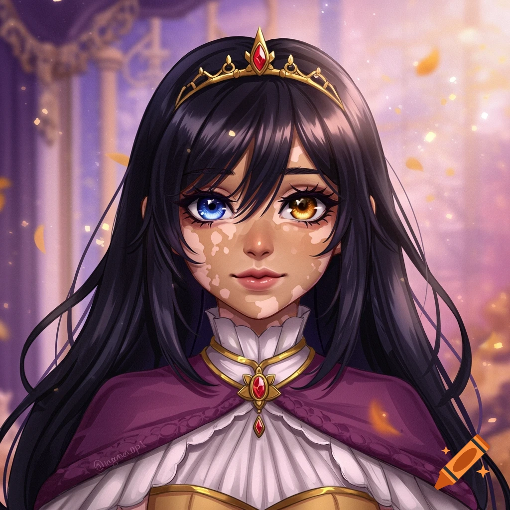 Black-haired anime princess girl with vitiligo and heterochromia on Craiyon