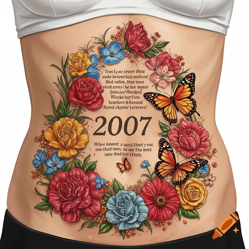 Stomach tattoo with flowers, butterflies, 2007 and a bible scripture on ...