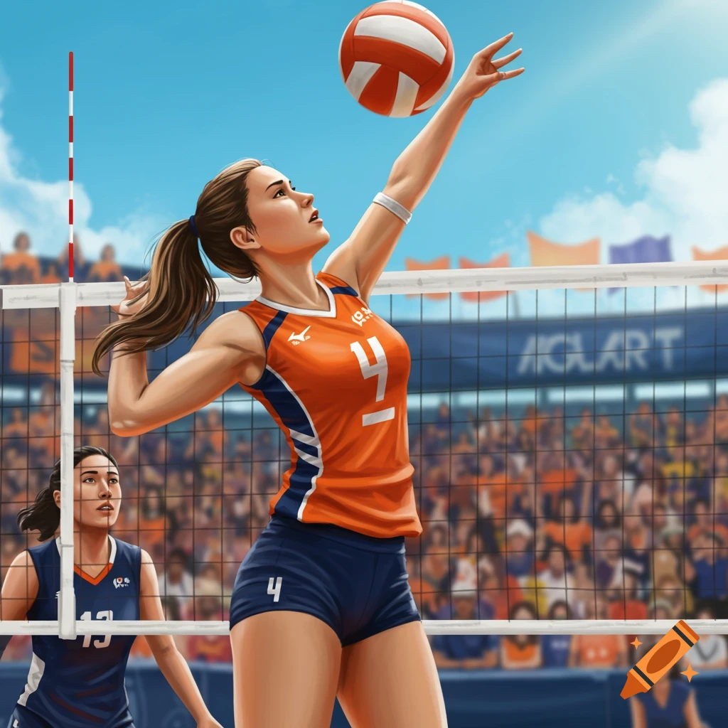 Women's volleyball player hitting ball over net in front of crowd on ...
