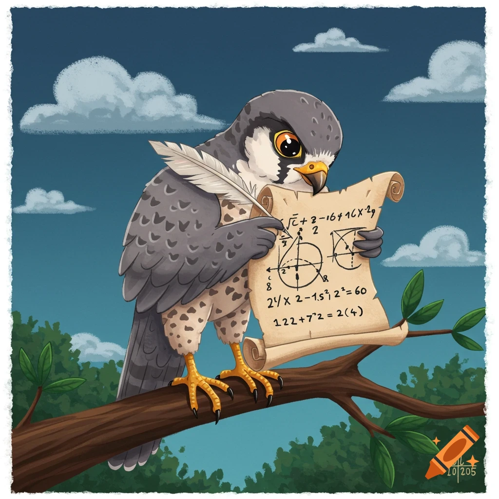 An illustration of a falcon perched on a branch, holding a scroll with ...