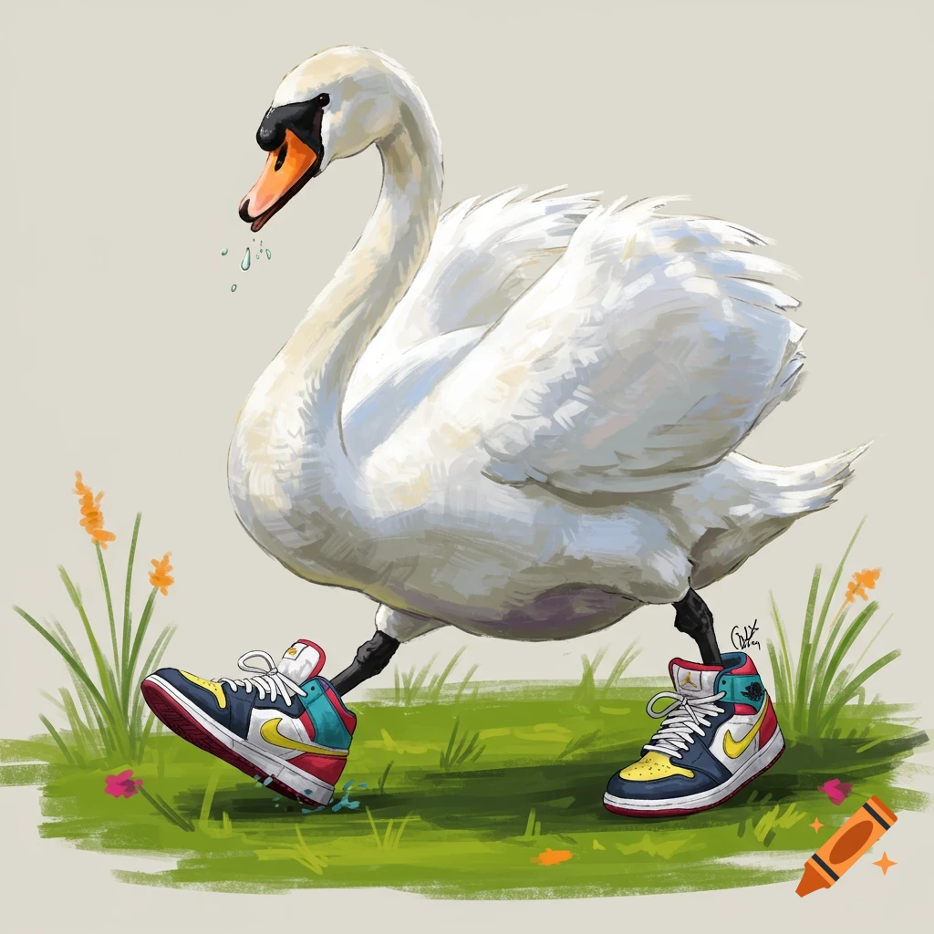 Swan running with sneakers on Craiyon