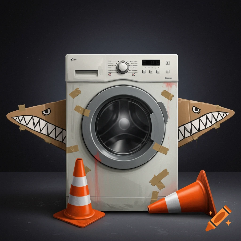Washing machine with cardboard airplane wings and traffic cone attached ...