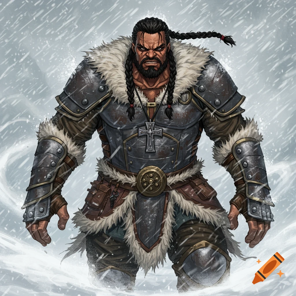 A muscular fantasy character in armor stands in a snowstorm ...