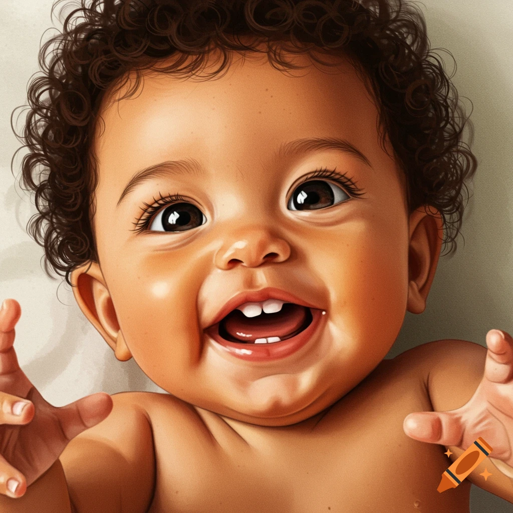 Baby with round face, curly hair, almond eyes, and gap teeth on Craiyon