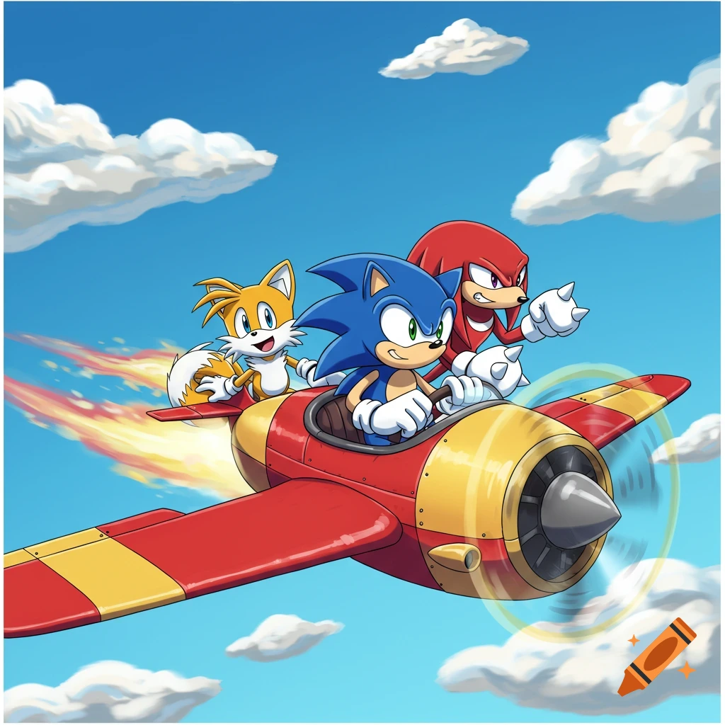 Sonic, Tails, and Knuckles in the Tornado plane on Craiyon