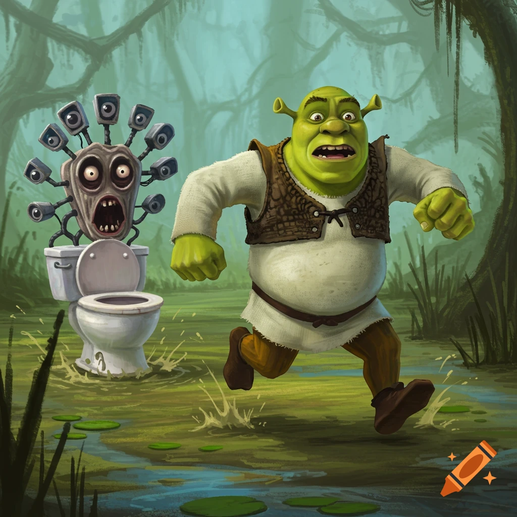 Illustration of Shrek sitting outside, eating noodles with chopsticks ...