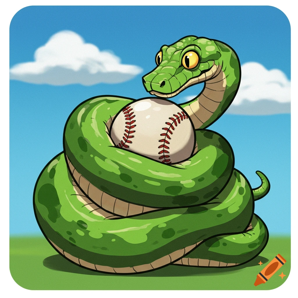 A green python is coiled around a football on a grassy field. on Craiyon