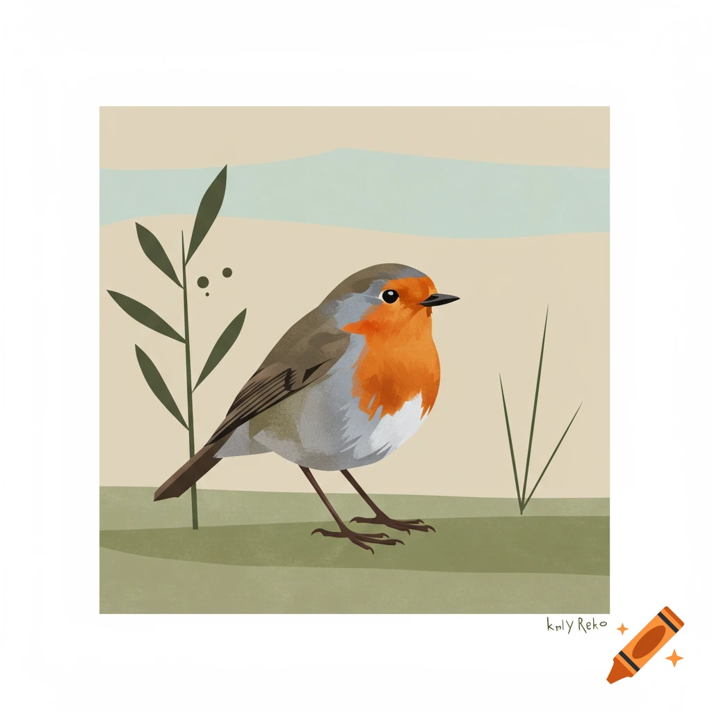 Mid-century style illustration of a robin standing in a simple ...