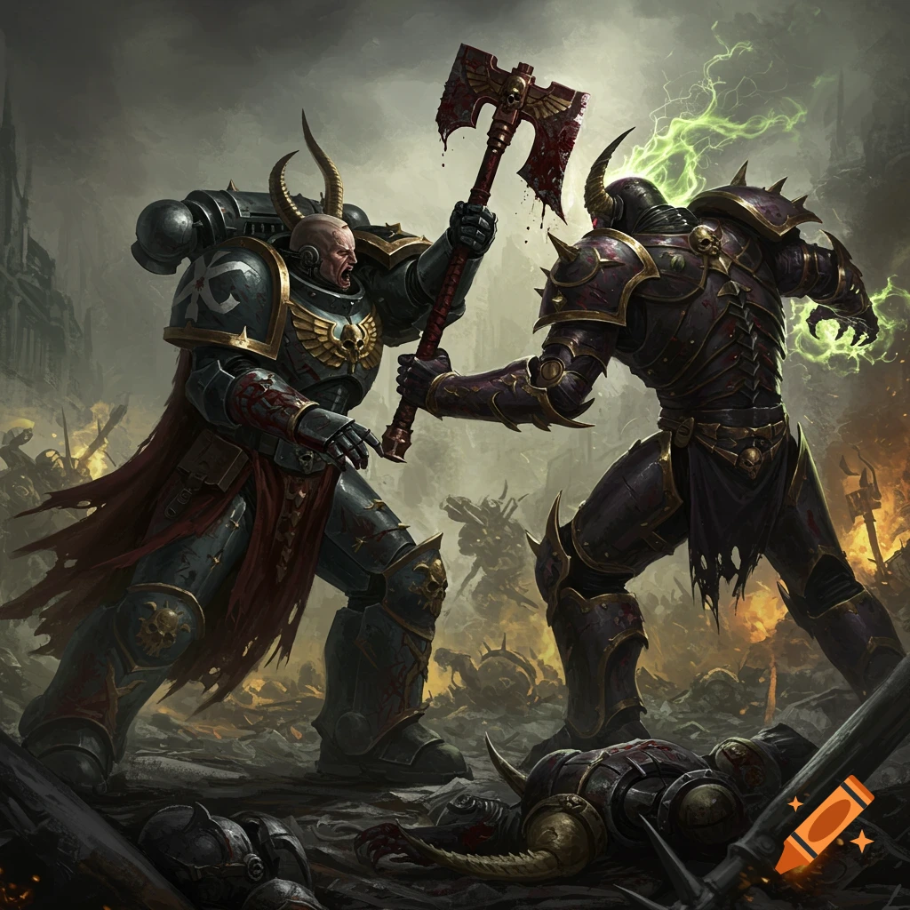 Kharn versus Erebus in Warhammer 40K on Craiyon