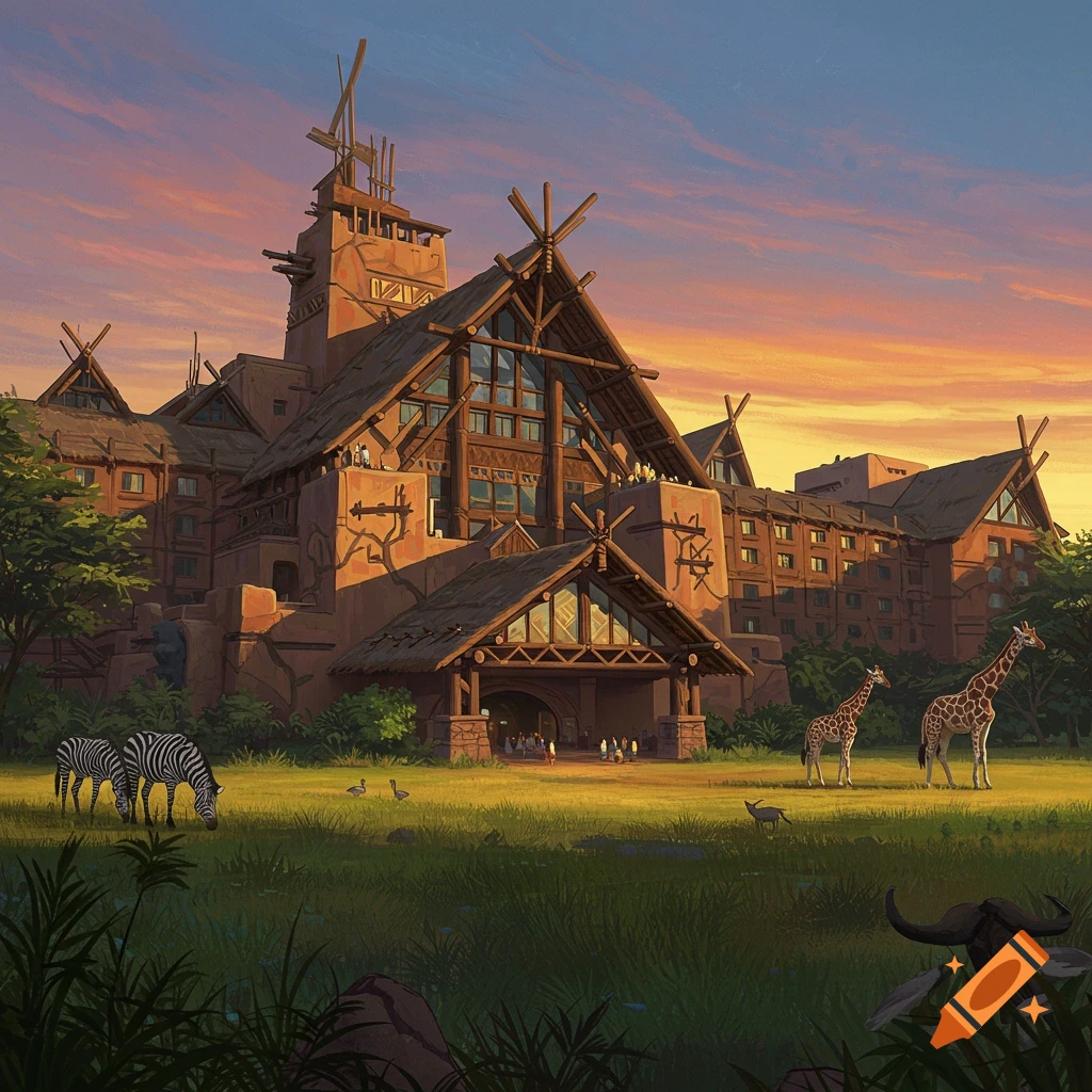 Illustrative scene of a large lodge with zebras and giraffes in the ...