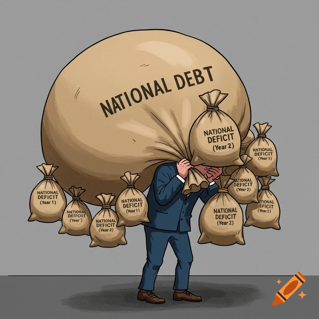 Person carrying a heavy sack labeled 'National Debt' overflowing with ...