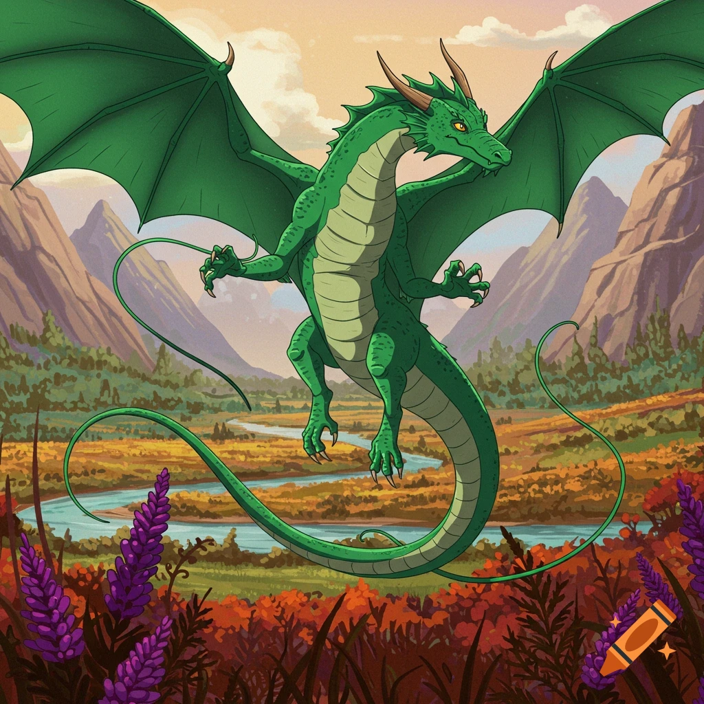 Illustrated green and rose gold dragon with necklace and anklet, flying ...