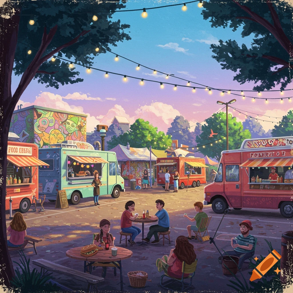 Illustration of a vibrant food truck park scene with people eating and ...