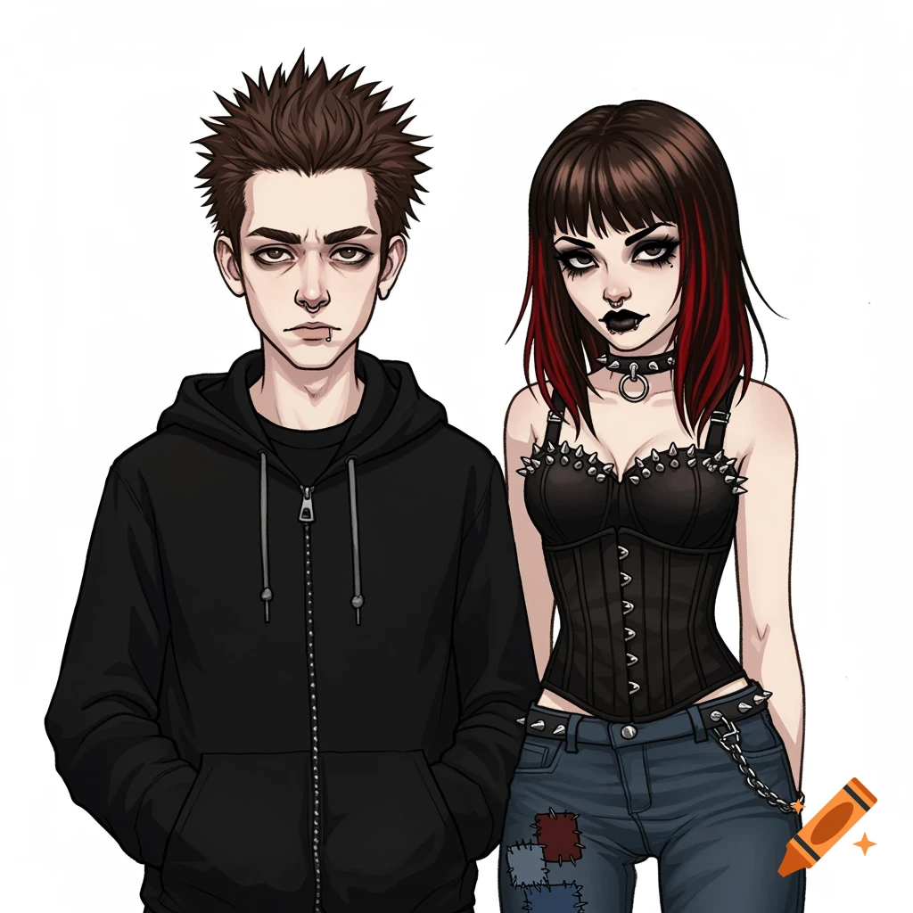 White guy with liberty spikes and a girl with vbangs in a 2000s cartoon art style on Craiyon