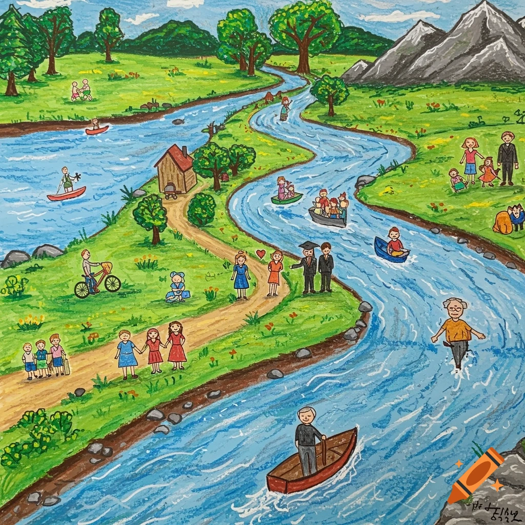 Crayon-style drawing of a river of life milestones representing a ...