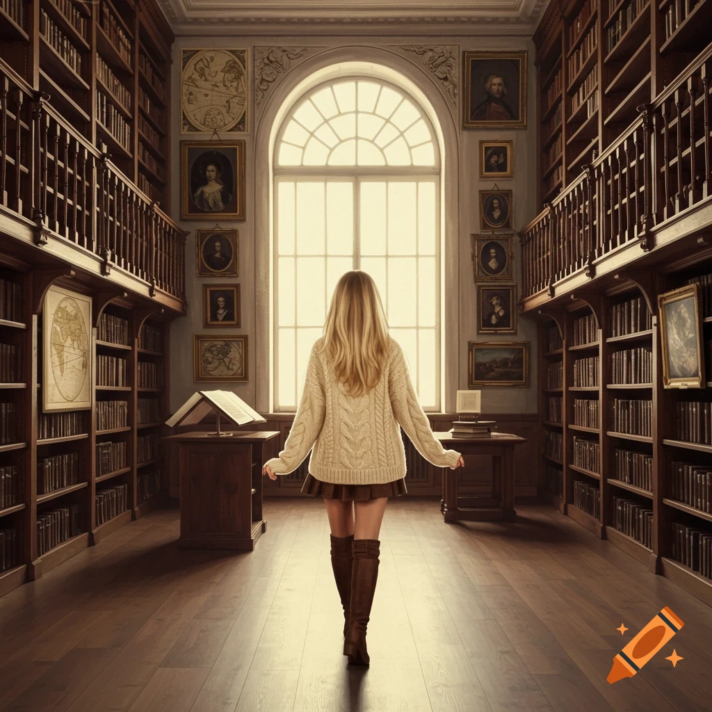 Girl in long sweater walking in library on Craiyon