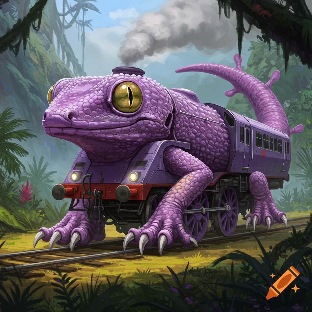 A giant purple gecko with a train body and legs stands on train tracks ...