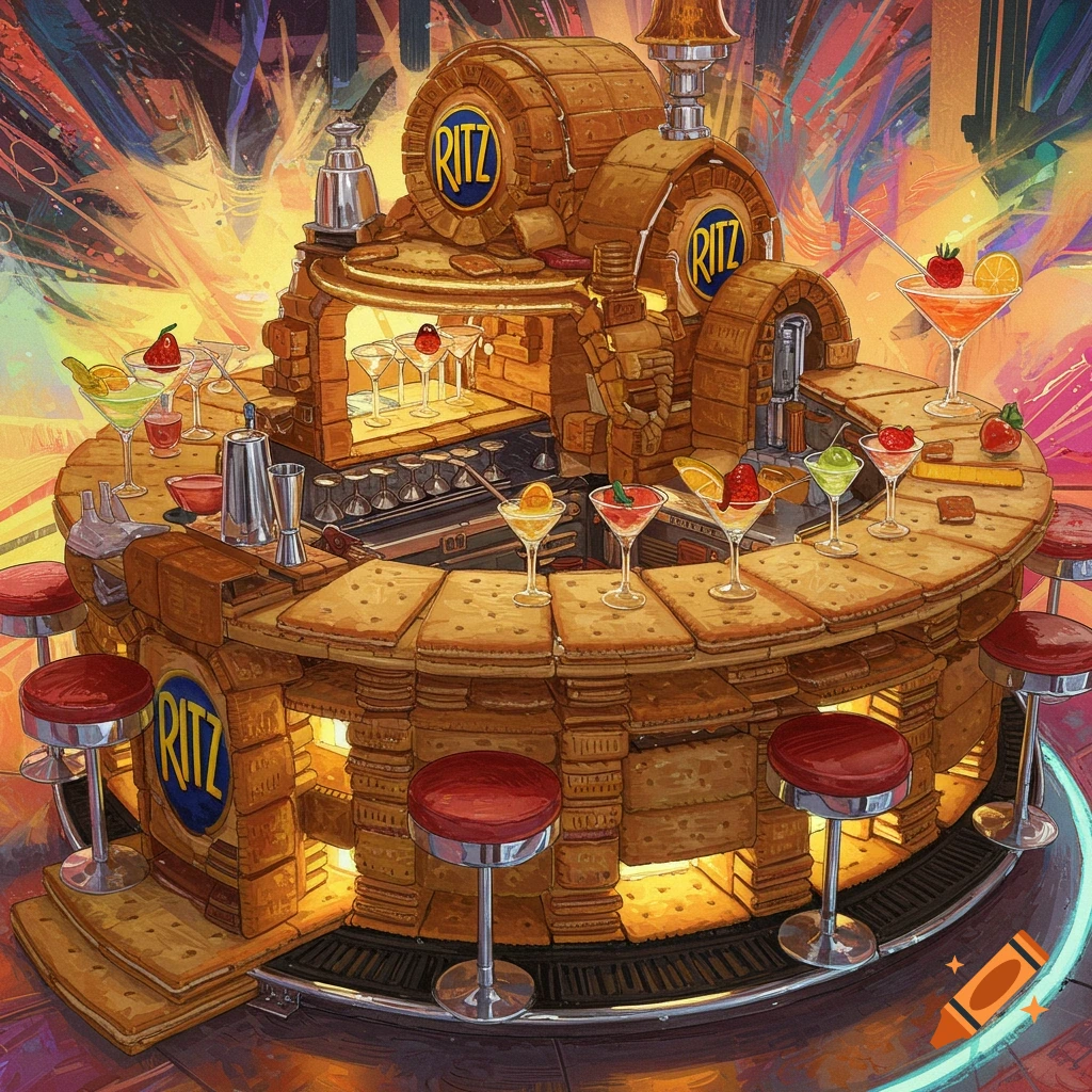 Cocktail bar made of Ritz crackers on Craiyon