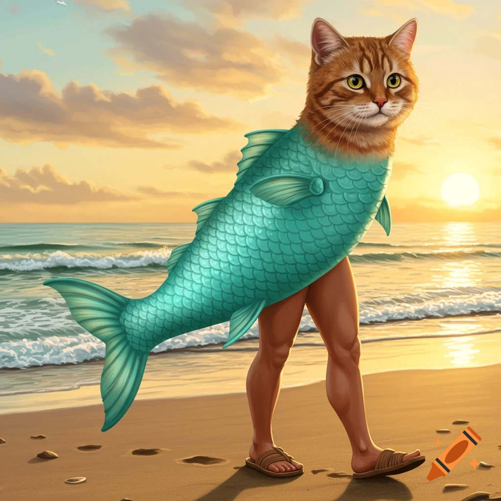 Cat head on a fish body with human legs walking on a beach on Craiyon